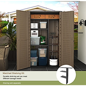 KINYING Outdoor Storage Shed Waterproof, Resin Vertical Outdoor Storage Cabinet for Patio Furniture, Garden Tools, Pool Accessories, Mower Storage (66 Cu.ft, Dark Brown)