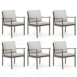 HAPPATIO Aluminum Outdoor Dining Chairs Set - 6 Pieces Aluminum Patio Dining Chairs Outdoor, Cushioned Patio Dining Chair with Rope Design Backrest and Ergonomic Armrest for Porch Backyard Pool, Grey