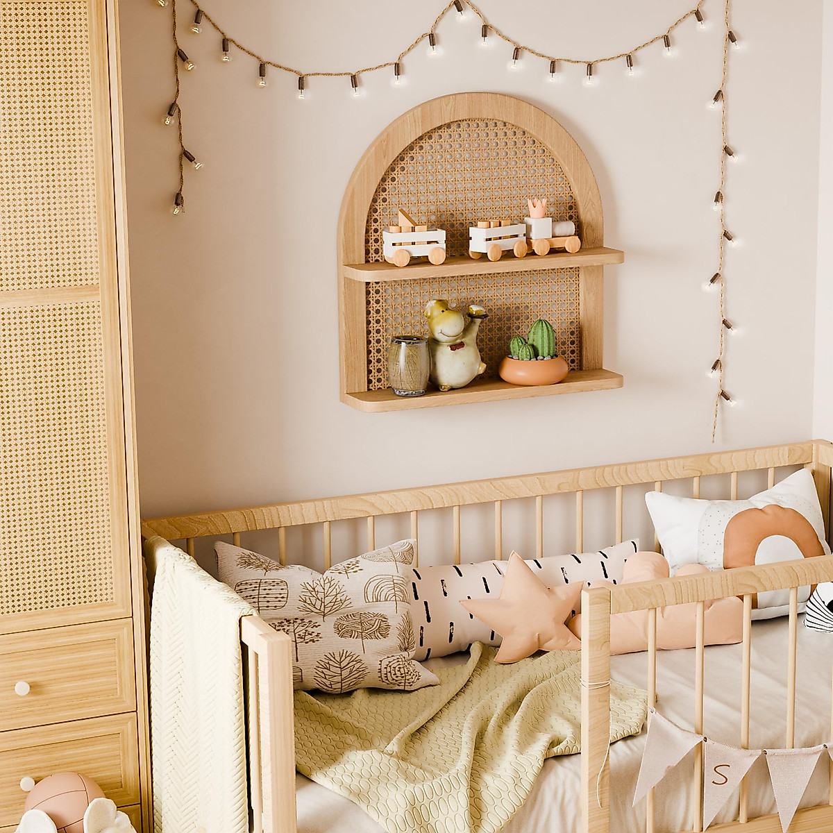 Eostbe Rattan Wall Shelf Boho Nursery Decor, 2-Tier Arched Woven Natural Wood Wicker Wall Shelf, 16''L Neutral Handcrafted Rattan Nursery Shelf, Decorative Shelf for Living Room,Bedroom & Bathroom