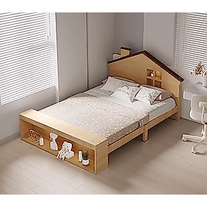 Melpomene Full Size Wood House Bed with LED Lights, Kids Platform Bed Frame with Storage Footboard for Girls, Boys,Natural