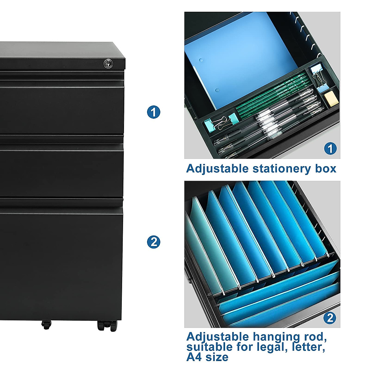 PALFISH 2-Drawer File Cabinet with Lock, Metal Filling Cabinets Suits Legal/Letter Size for Home Office, Fully Assembled Except Wheels, Grey (2-Drawer Widen, Black)