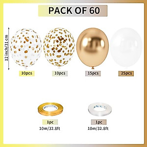 60 Pieces Balloons Gold and White, 12 Inch Pearl White Metallic Chrome Gold Confetti Latex Party Balloons with Ribbon for Girls Women Birthday Wedding Baby Bridal Shower Engagement Party Decorations