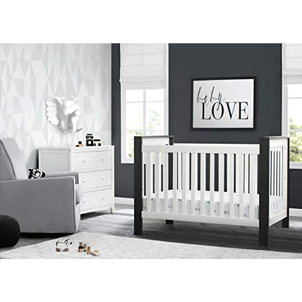 Delta Children Miles 4-in-1 Convertible Crib, Greenguard Gold Certified, Bianca White/Textured Midnight Grey