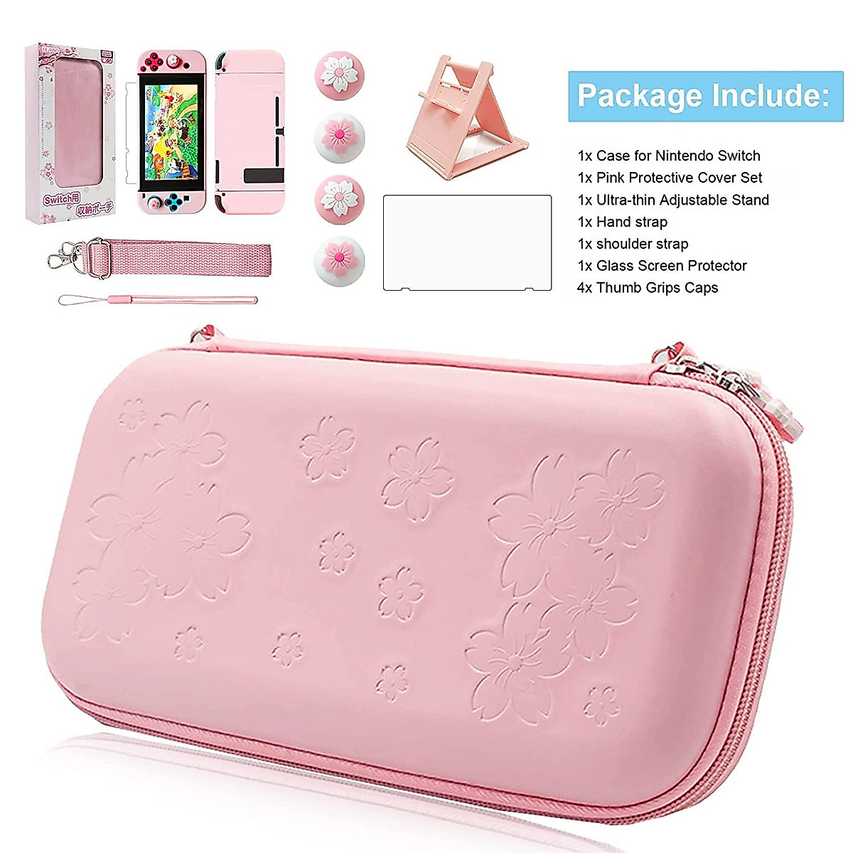 HLRAO Pink Travel Carrying Case Accessories Kit Compatible with Nintendo Switch (NOT Fit OLED/Lite).Pink Switch Hard Protective Cover,Adjustable Stand,Screen Protector & Cute Thumb Grips 10 in 1 Gift.