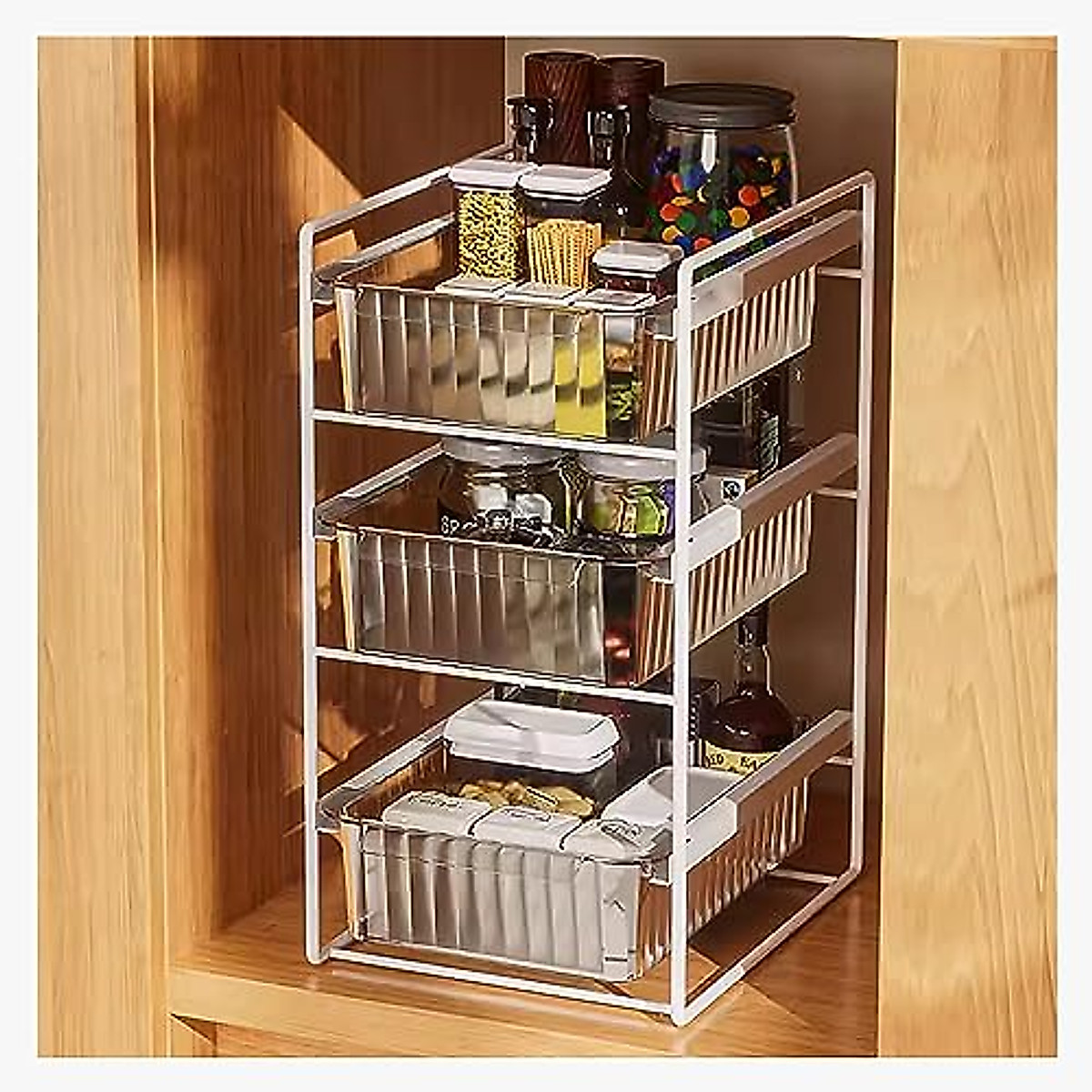 Atkits Clear Under Sink Organizers and Storage Under Sink Kitchen Organizer Pull Out 2-Tier Under Sink Cabinet Organizer with Sliding Storage Drawer,White,3 Tier