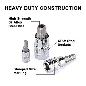 Mayouko 107 Pieces Bit Socket Set, 1/4", 3/8" and 1/2" Drive, Torx/Extra Long Torx/Tamper Proof Torx/Hex/Ball End Hex, SAE/Metric, S2 Steel Bits