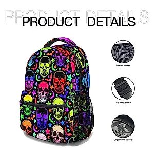 oallpu Colorful Skull Backpack, Stylish Shoulders Backpack Lightweight Durable Skull Daypack Cool Laptop Bag, 17inch Classic Backpack (Colorful Skull)