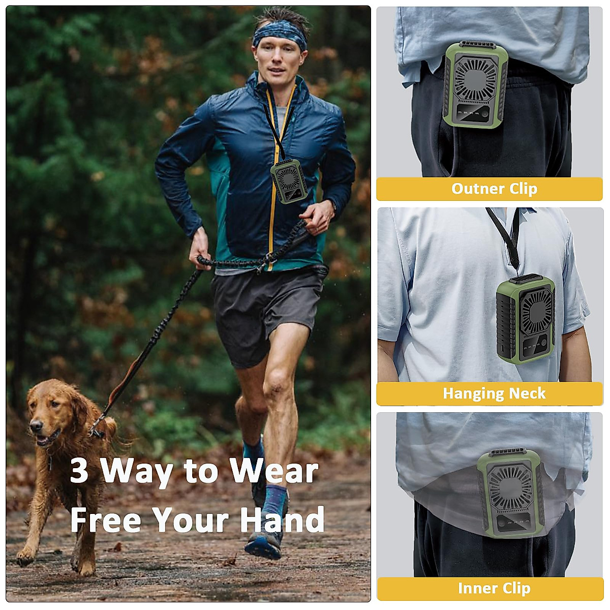 CozyHale Portable Waist Clip Fan, 2024 Upgrade Personal Hand-Frees Necklace Fan, Wearable Belt Fan with Rechargeble 10000 mAh Battery Operated, 20H Working Time, 3-Speeds, 12000RPM Airflow (Green)