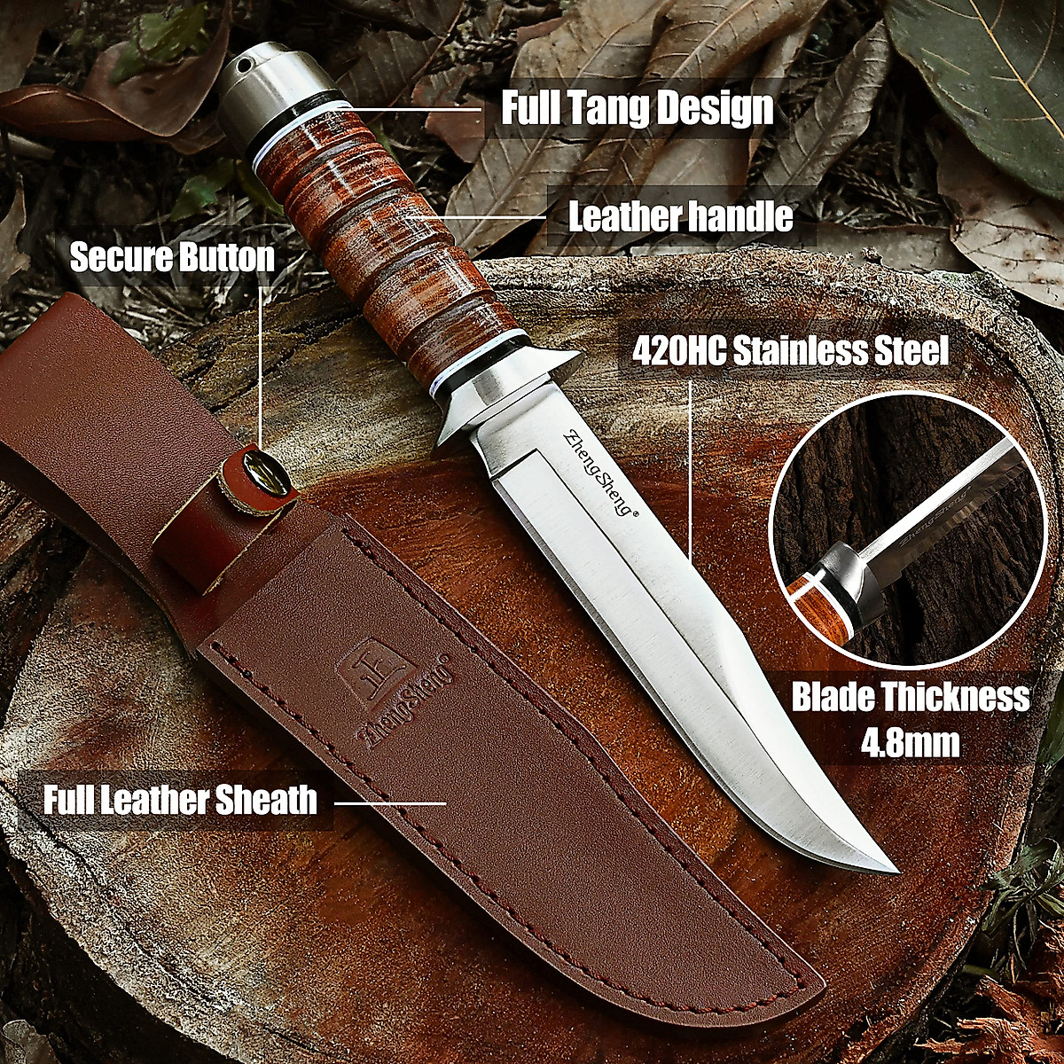 ZhengSheng 6.4 inches Fixed Blade Hunting Knife Genuine Leather Handle Bowie Knife with Leather Sheath Straight Edge Knife for Camping, Hiking, Survival