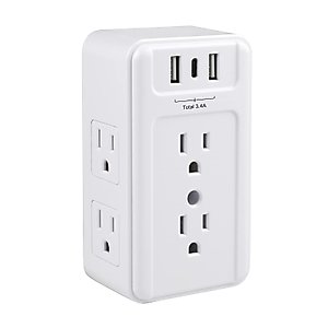 Clear Power Multi Plug Outlet Extender, 6-Outlet Splitter with 3 USB Ports (1x USB-C), 3-Sided Power Strip USB Wall Charger for Home & Office, White, DC3S-1006-DC