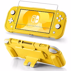Protective Case Bundle for Nintendo Switch Lite, Tempered Glass Screen Protector, 4 Game Card Slots, Kick-Stand, Ergonomics Hand Grip, Shockproof, Anti-Scratch for Nintendo Switch Lite Case Yellow
