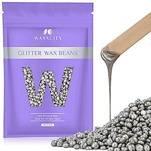 Hard Wax Beads, Waxxcity 1lb Glitter Grey Hair Removal Wax for Sensitive Skin, Specific for Facial Finer Softer Hair, At Home Waxing Beads Large Wax Beans Refill for Women Men