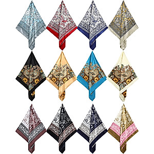 JaGely 12 Pcs 35" Satin Square Large Head Scarves Silk Like Neck Scarf Vintage Bandanas Satin Hair Scarf Neckerchief(Classic Style)