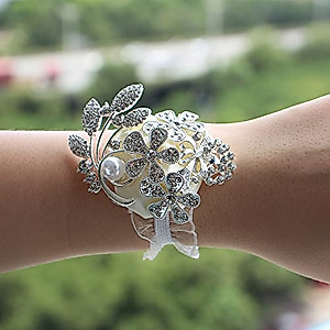 WANLIAN Wrist Corsage Peal Diamond Boutonniere for Bride Bridesmaid Prom Wedding Ceremony Anniversary 1 Pieces (Ivory)
