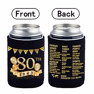 80th Birthday Can Cooler Sleeves Pack of 12- 1943 Sign -80th Anniversary Decorations - Dirty 80th Birthday Party Supplies - Black and Gold Eightieth Birthday Cup Coolers