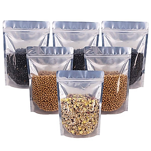 Belinlen 100 Pack 6 x 9 Inch Stand Up Pouch Bags Zipper Mylar Bags Clear Front with Aluminum Foil Back Reusable Food Storage Bags for Multipurpose with Gusset Bottom(5.5mil Thickness)