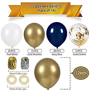 Navy Blue and Gold Confetti Balloons Party Decoration Supplies 70pcs 12 inch Gold Metallic Pearl White Balloons for Navy Party, Baby Shower, Wedding, Graduation, Birthday, with 2 Strips, 2 Foil Ribbon