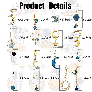Svovin 16 Pairs Moon Star Earrings for Women Dangle Earth Planet Asymmetrical Drop Earrings Astronaut Spaceman Stud Earrings Jewelry