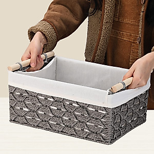 Vagusicc Woven Storage Basket, Hand-Woven Round Paper Rope Wicker Storage Basket with Cotton Liner and Wooden Handles, Wicker Baskets for Shelves Organizing & Decor, Grey, 3-Pack