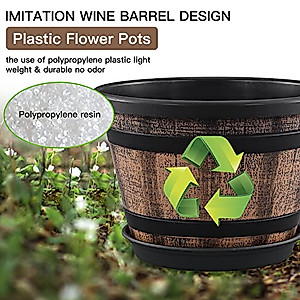 Plant Pots Set of 3 Pack 10 inch,Whiskey Barrel Planters with Drainage Holes & Saucer.Plastic Decoration Flower Imitation Wine Design,Canbe for Indoor Outdoor Garden Home Plants ( Brown)