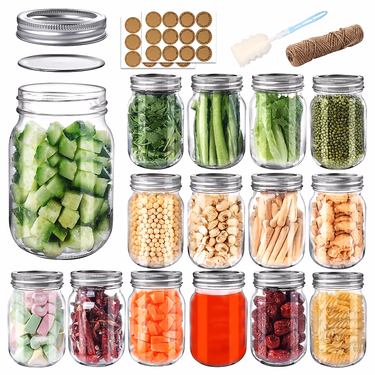 PINIWON Mason Jars 16 oz with Airtight Lids and Bands, 15 Pack Regular Mouth Canning Jars, Clear Glass Pint Jars for Canning, Pickling, Food Storage, DIY Projects, 24 Labels, Brush & String Included