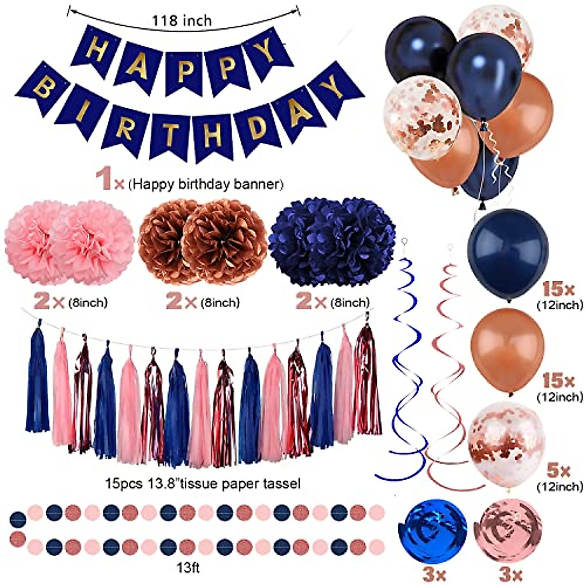 Navy Rose Gold Blue Birthday Party Decorations Set with Happy Birthday banner, Tissue Paper Pom, Circle Dots Garland and Tassel Garland for for Women Grils Navy Rose Gold Birthday Party
