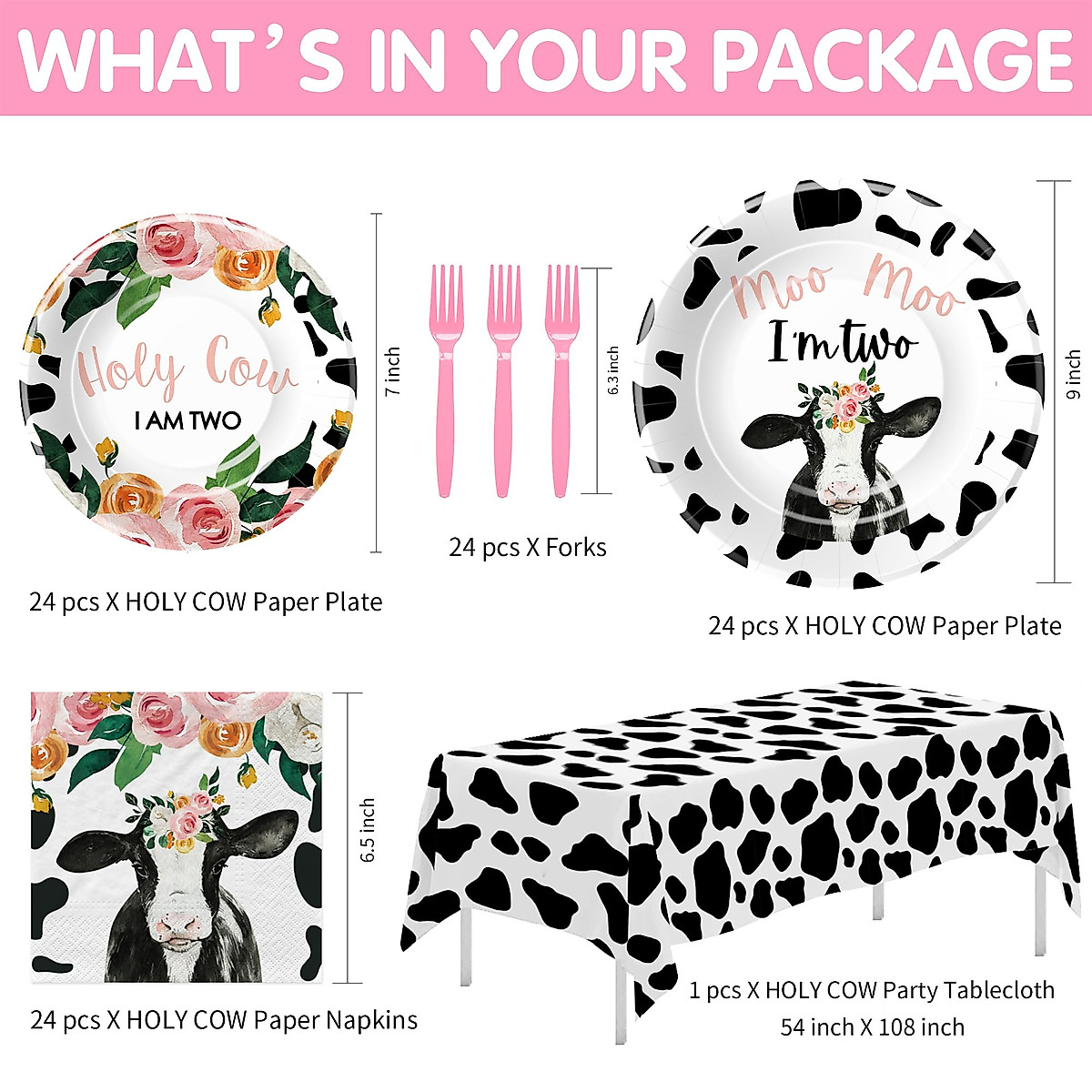 APOWBLS Moo Moo Im Two Birthday Decorations Tableware Girl - Cow 2nd Birthday Party Supplies, Plate, Napkin, Tablecloth, Fork, Holy Cow Two Year Old Birthday Party Decorations Dinnerware | Serve 24