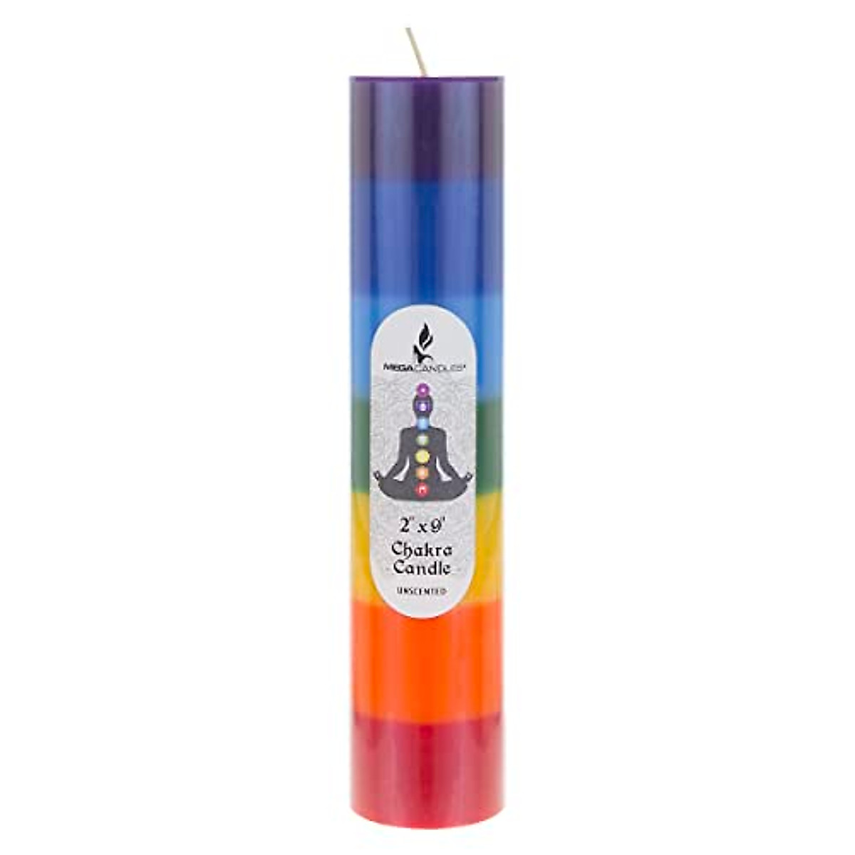 Mega Candles Unscented Multi Color Chakra Round Pillar Candle, Hand Poured Premium Wax Candles 2 Inch x 9 Inch, Cotton Wick, Promotes Positive Energy, Aids Meditation, Relaxation & More