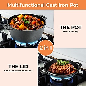 LIFERUN Dutch Oven Pot with Lid, 5.1 Quart Pot without Lid + 1.9 Quart Lid - Cast Iron Dutch Oven with Lid - Lid Doubles as Cast Iron Skillet - Silicone Handle Holders, Iron Stand - Use in the Oven, Stove, BBQ, Grill, Campfire