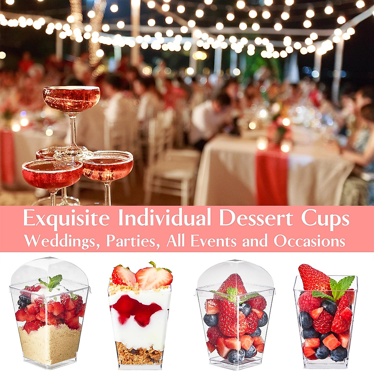 TOFLEN 50 Pack 5 oz Mini Dessert Cups with Lids and Spoons, Square Clear Plastic Dessert Shooters Party Serving Tumbler Cups for Parfait Appetizers & Dessert Shot Glasses (Dome)