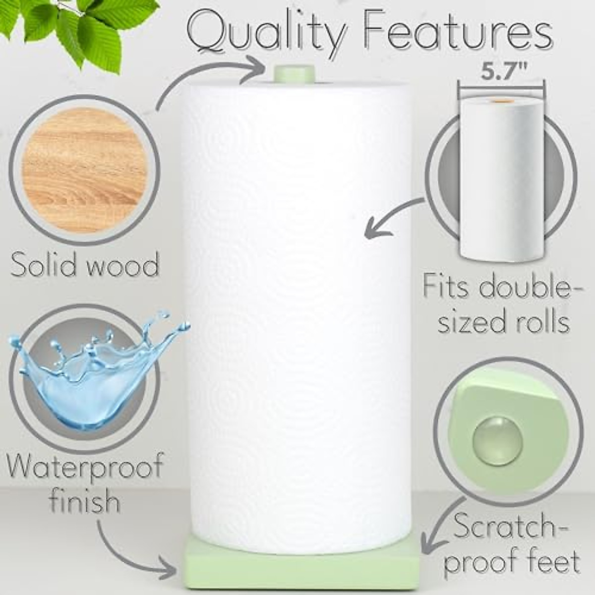 House Perfect Green Paper Towel Holder – Wood Paper Towel Holder Stand – Great for Kitchen Counters & Bathrooms – Suits Paper Towel Rolls & Reusable Kitchen Towels