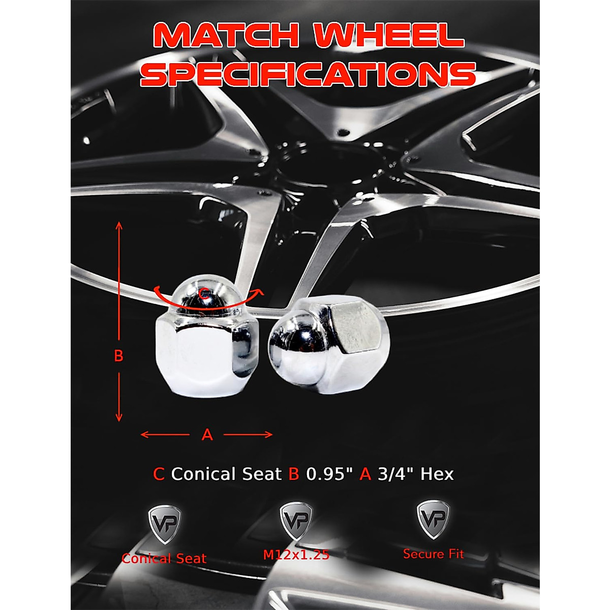 Set of 20 Veritek 12x1.25mm 3/4 Hex 0.95 Inch Chrome OEM Factory Style Acorn Conical Seat Dome Top Lug Nuts for Subaru Factory Wheels