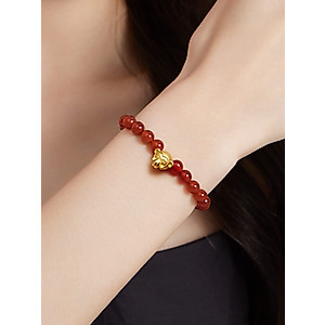 ZHOU LIU FU 24K Solid Gold Bracelets for Women, Stretchable Lucky Animals Real Gold Rabbit Bangle Charm Bracelets, Pure Gold Agate Beaded Zodiac Bunny Bracelet