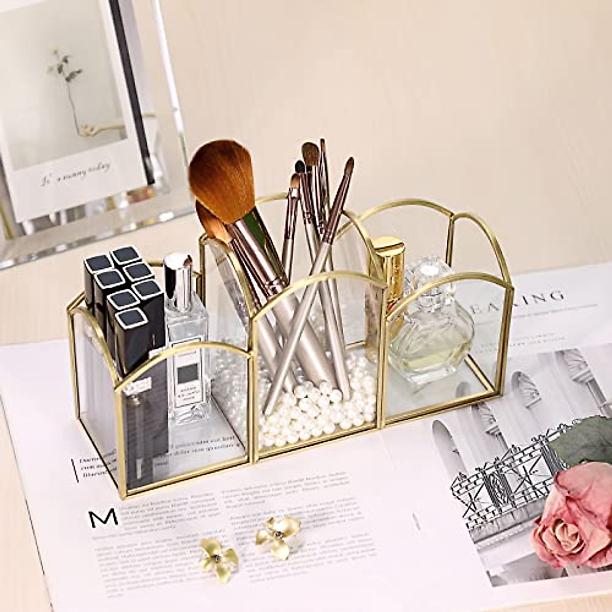 ELLDOO 3 Slots Glass Makeup Brush Holder Organizer for Vanity Dresser, Semicircle Rim Design, Pen Cup Holder Pencil Holder for Office Desk
