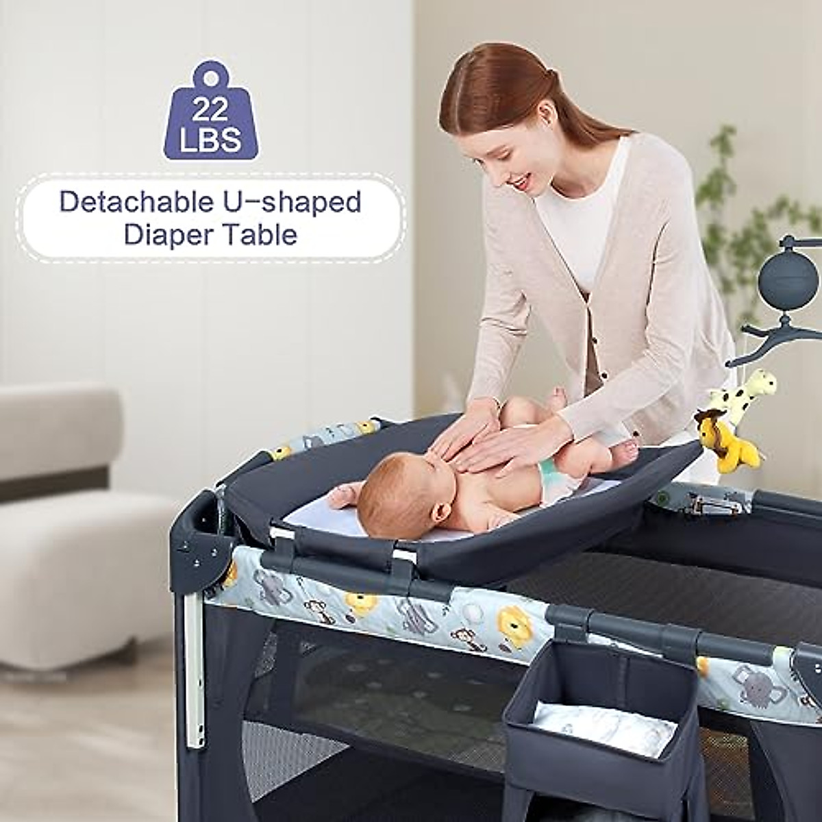 5-in-1 Baby Bassinet Bedside Crib, Pack and Play Long Next to Bed Crib Co Sleeper with Toys & Music Box, Mattress, Foldable Playard, Playpen Travel Bed Nursery Center for Girl Boy Infant Newborn