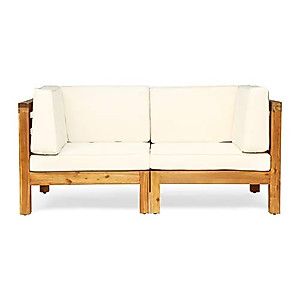 Great Deal Furniture Dawson Outdoor Sectional Loveseat Set - 2-Seater - Acacia Wood - Outdoor Cushions - Teak and Beige