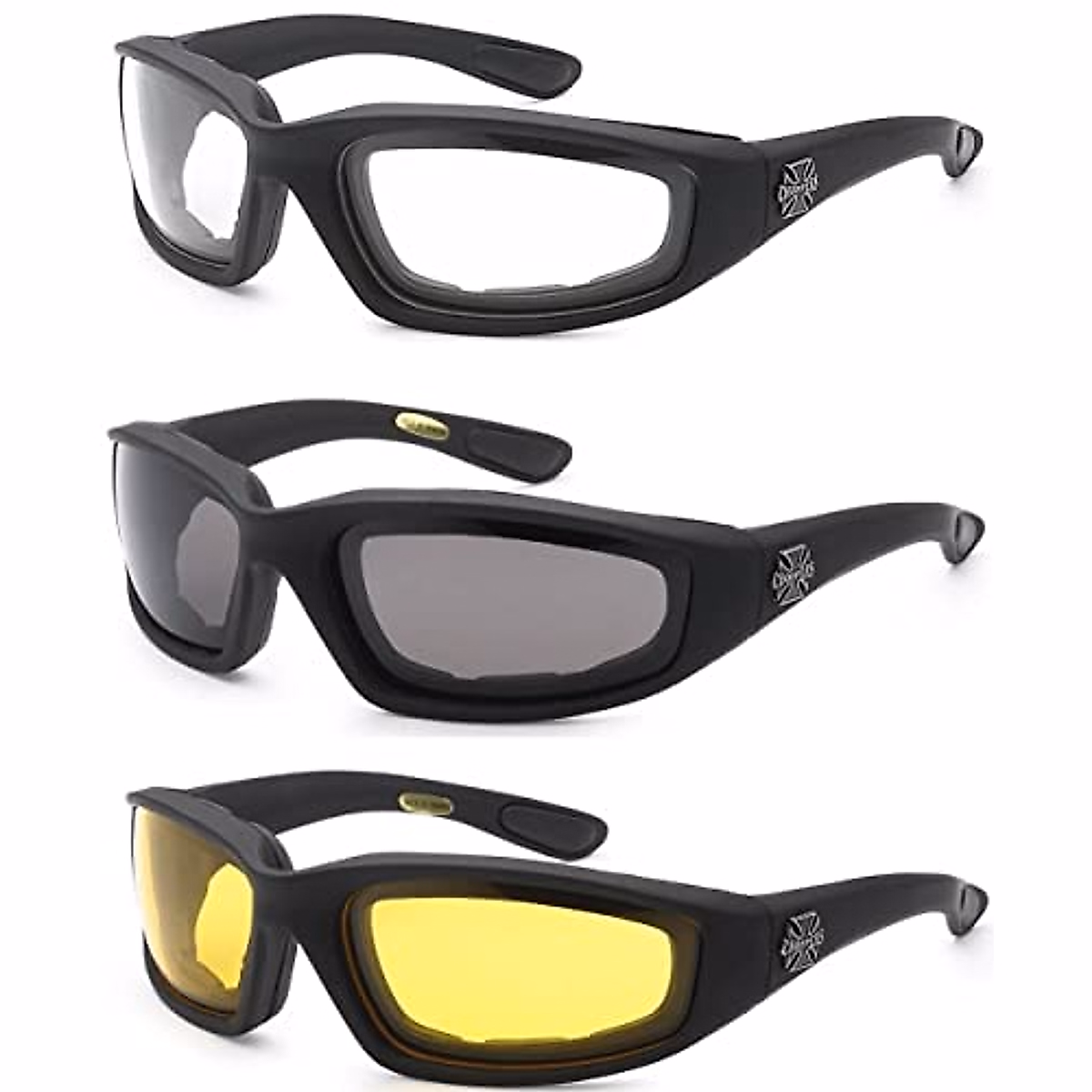 3 Pairs of Choppers Glasses Padded Frame Clear Yellow Smoke Lense Block 100% UVB for Outdoor Activity Spot