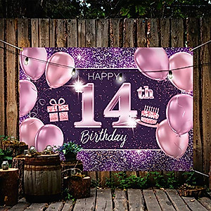 PAKBOOM Happy 14th Birthday Banner Backdrop - 14 Birthday Party Decorations Supplies for Girl - Pink Purple Gold 4 x 6ft