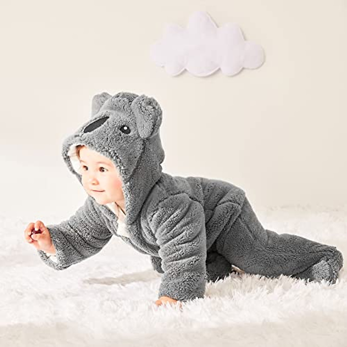 pureborn Newborn Baby Boys Fleece Footed Jumpsuit Hooded Snowsuit Pramsuit Winter Cartoon Romper Gray Koala 0-3 Months