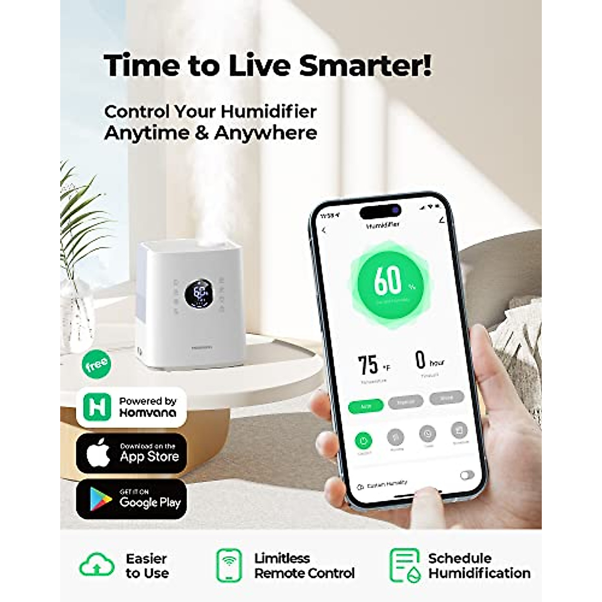 Homvana 6.5L Warm & Cool Mist Humidifiers for Bedroom Large Room, Smart Humidifier with App&Voice Control, Exclusive Distilled Sterilization, 72H Runtime Air Humidifier Aroma Diffuser for Baby Plants