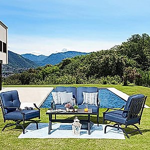 Kamont 4 PCS Patio Furniture Conversation Set Outdoor Furniture Set Metal Chairs w/All Weather Cushioned Love Seat,Poolside Lawn Chair,Coffee Table (Blue)