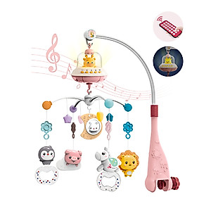 BSROLUNA Baby Crib Mobile with Music and Lights, Baby Mobile for Crib with Remote Control, Hanging Rotating Animals Rattles, 16 Songs and Timing Function, Cartoon Baby Crib Toys for Girls (BabyPink)