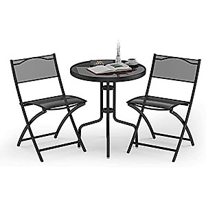 MIDDOW 3pcs Metal Bistro Chair Set, Round Coffee Table w/Folding Chairs Set, Outdoor/Indoor Patio Furniture Set w/Rust-Proof Steel Frame & Glass Tabletop, Ideal for Garden/Backyard/Balcony, Black