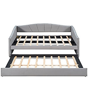 BIADNBZ Twin Size Daybed with Trundle and Wood Slats Support, Upholstered Sofa Bed for Bedroom GuestRoom Living Room, Gray