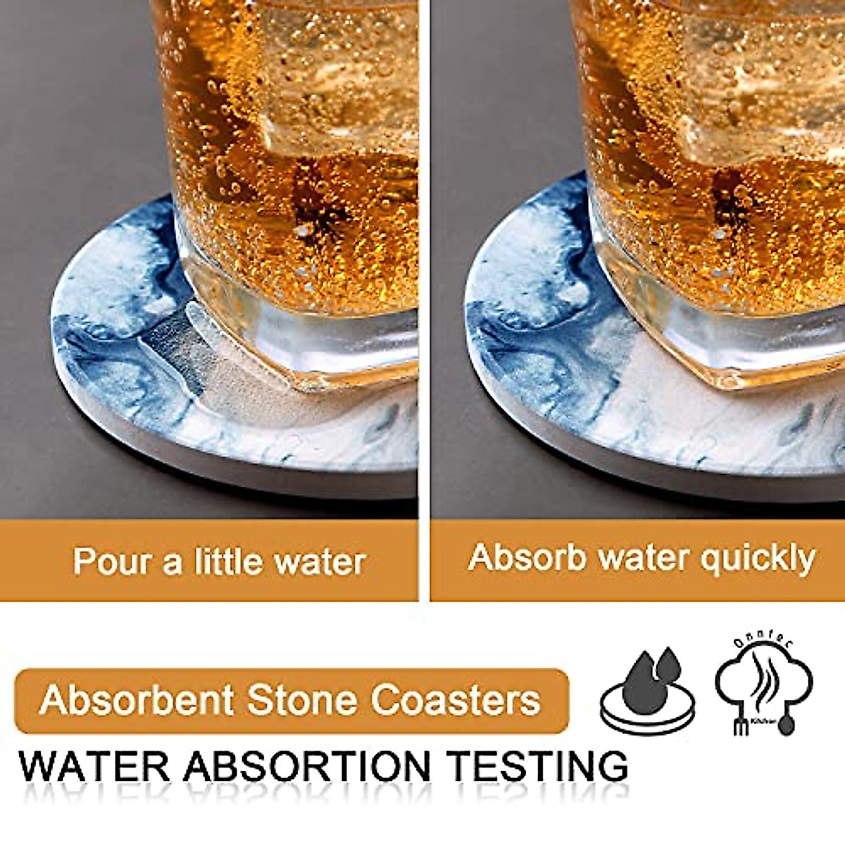 Onntec Blue Coasters for Drinks Marble Style,Absorbent Ceramic Coaster with Metal Holder Stand,House Warming Gifts Decor Set of 6 with Cork Base for Wooden Table