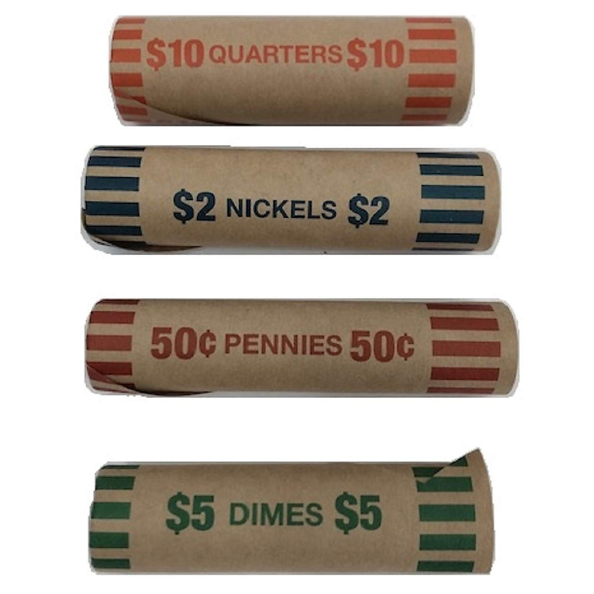 Assorted Coin Wrappers, 100 Preformed Quarters, Dimes, Nickels, Pennies