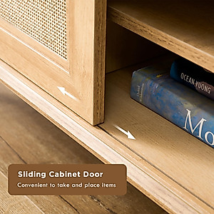 HMeeZnn Rattan TV Stand for 55 Inch TV, Mid Century Modern Entertainment Center with Storage Boho TV Console Table with 2 Cabinets for Living Room Bedroom, Natural Wood