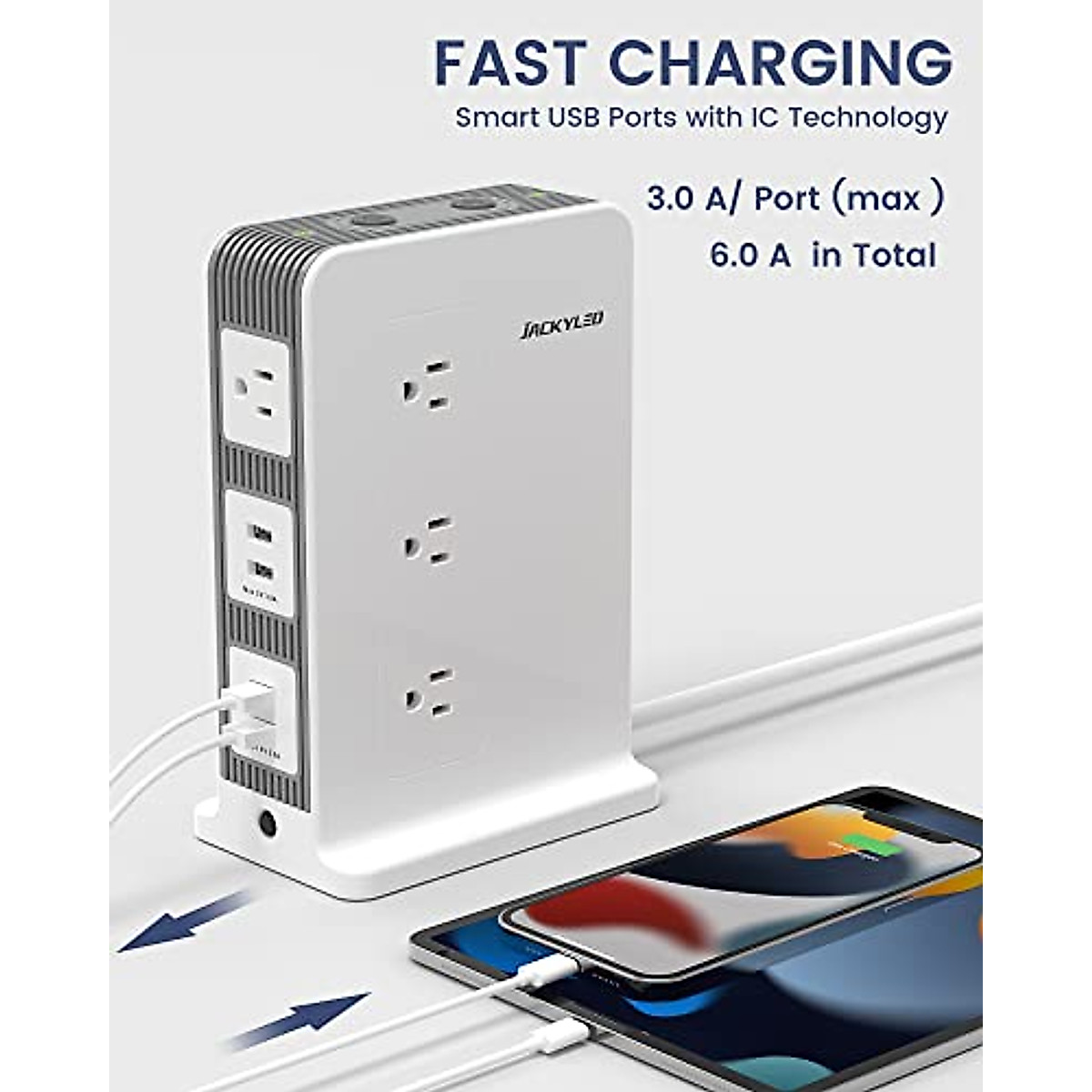 Power Strip Surge Protector Tower - JACKYLED 10 Outlet 4 USB Vertical Charging Station, 1875W 15A, 1080J with 6ft Heavy Duty Extension Cord for Multiple Devices, Home Office Dorm RV