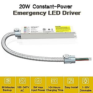 20W LED Emergency Light Driver,100-347V AC 175V DC,Emergency Time Over 90 Minutes, 0/1-10V Dimmable Emergency led Driver, Rechargeable UL Listed Backup Battery for LED Recess, Panel and Linear Lights