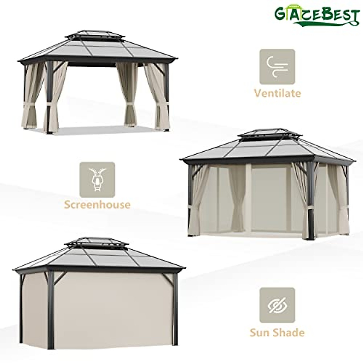 GAZEBEST 10' X 13' Permanent Hardtop Gazebo, Outdoor Polycarbonate Double Roof Pavilion Pergola Canopy with Aluminum Frame and Privacy Curtains for Patio, Garden, Backyard, Lawn